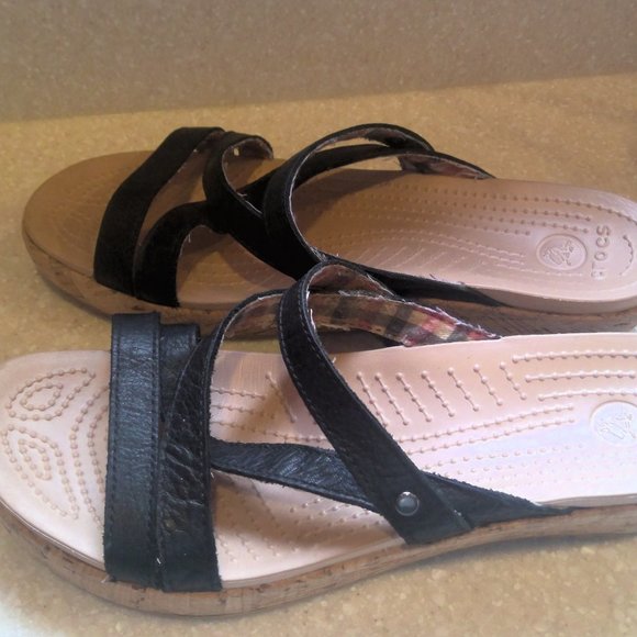 CROCS | Shoes | Crocs Women Leather Black Slip On Sandalssize 8m | Poshmark